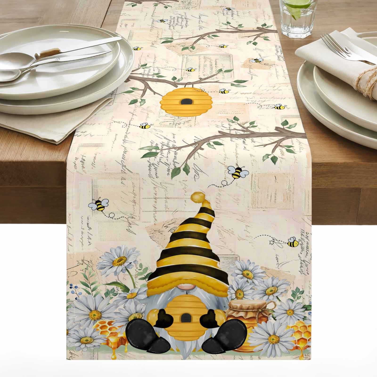 Bees Dwarfs Cotton Linen Table Runner Springs White Daisy Branch ...