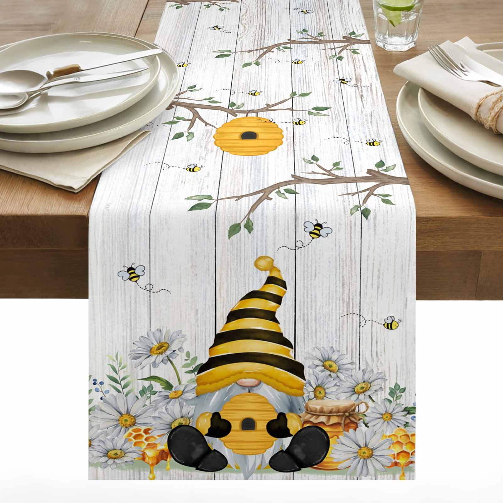 Bees Dwarfs Cotton Linen Table Runner Springs White Daisy Branch Wood ...