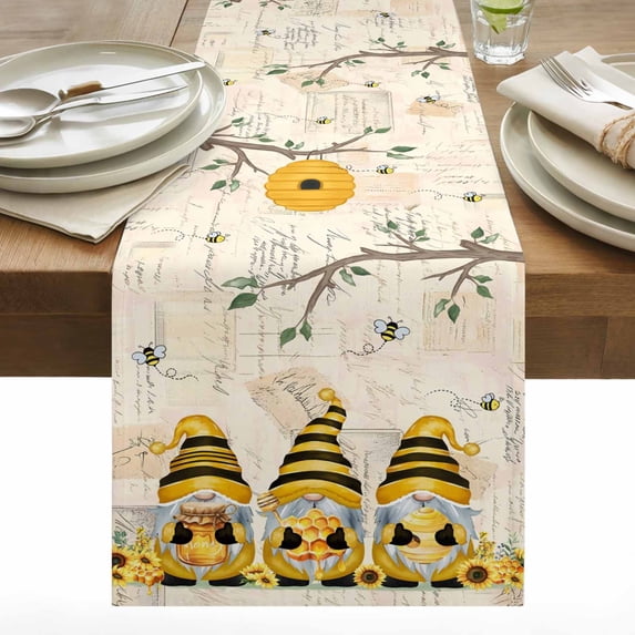 Bees Dwarfs Cotton Linen Table Runner Yellow Sunflower Branch Spring ...