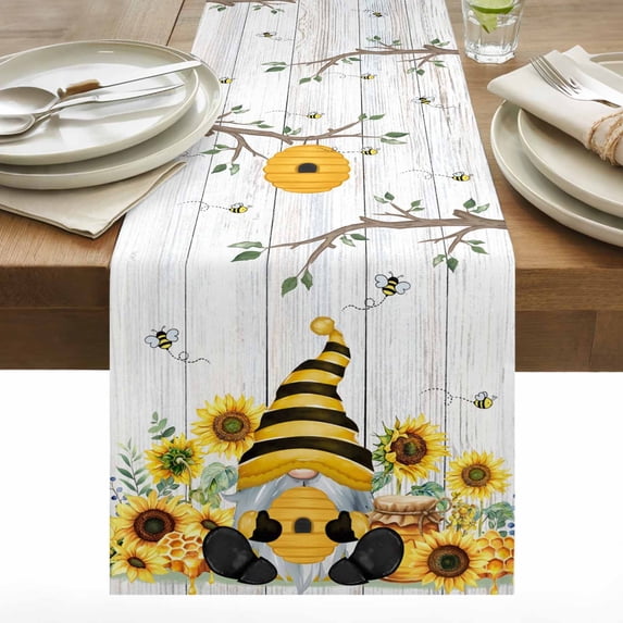 Bees Dwarfs Cotton Linen Table Runner Yellow Sunflowers Branch Spring ...