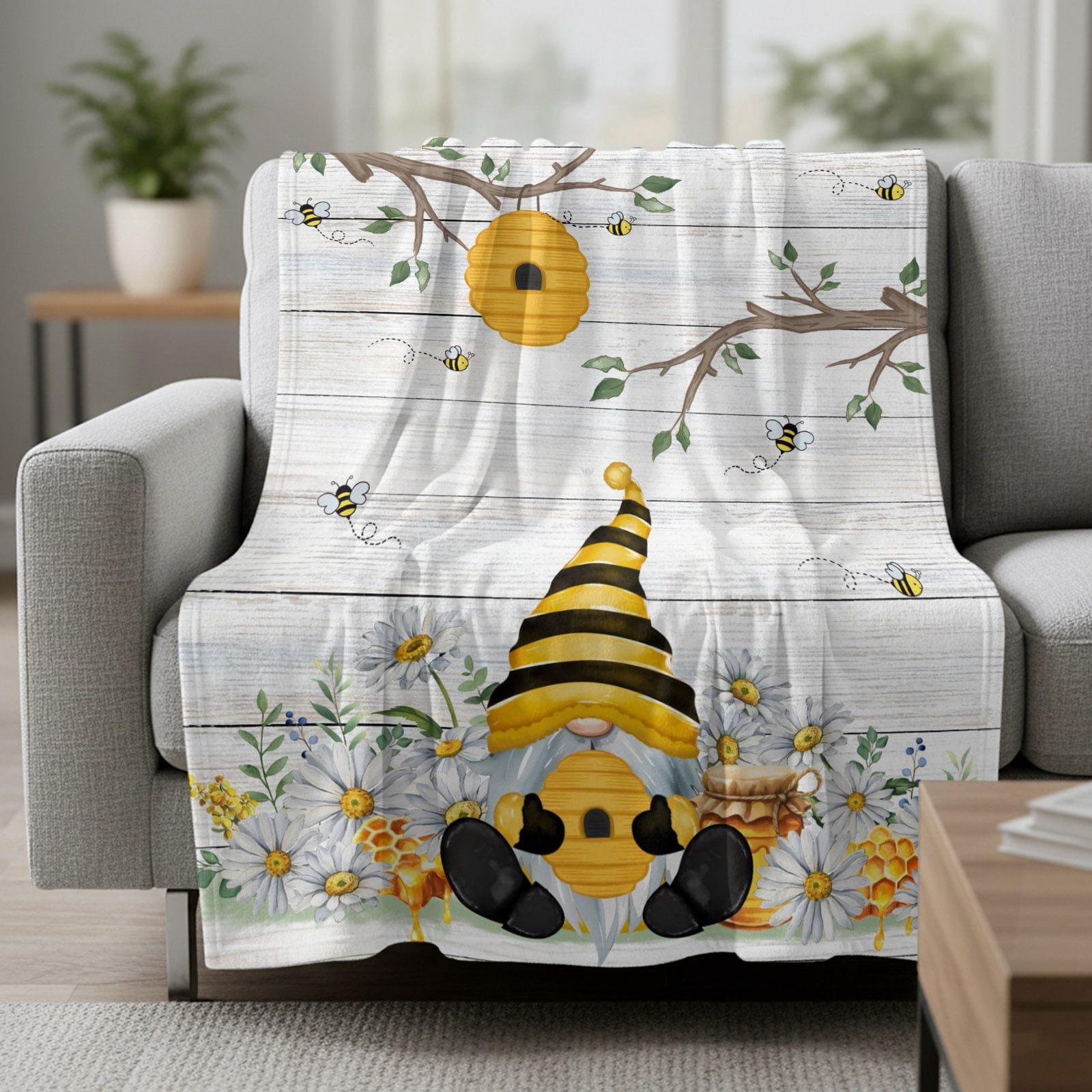 Bees Dwarfs Fleece Throw Blanket Springs White Daisy Branch Wood ...