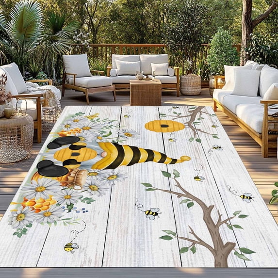 Bees Dwarfs Indoor Outdoor Rugs 5x8 Ft, Springs White Daisy Branch Wood ...