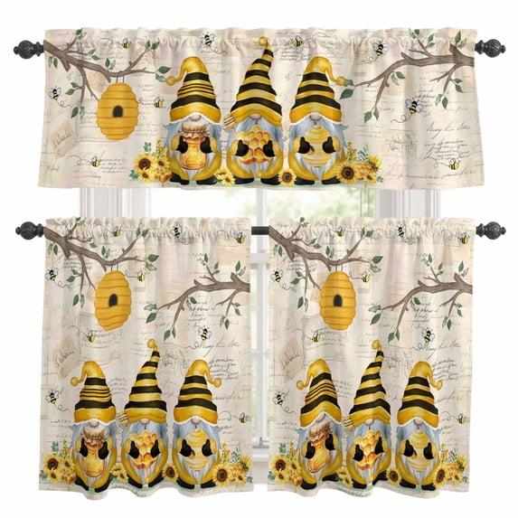 Bees Dwarfs Kitchen Curtains Set for Windows, Yellow Sunflower Branch ...