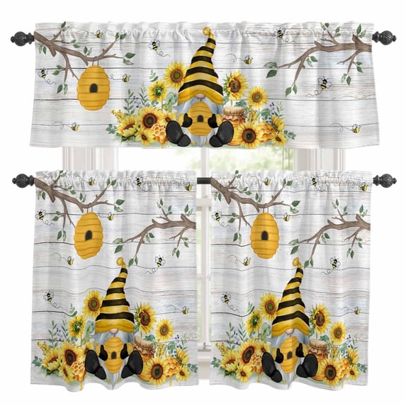 Bees Dwarfs Kitchen Curtains Set for Windows, Yellow Sunflowers Branch ...