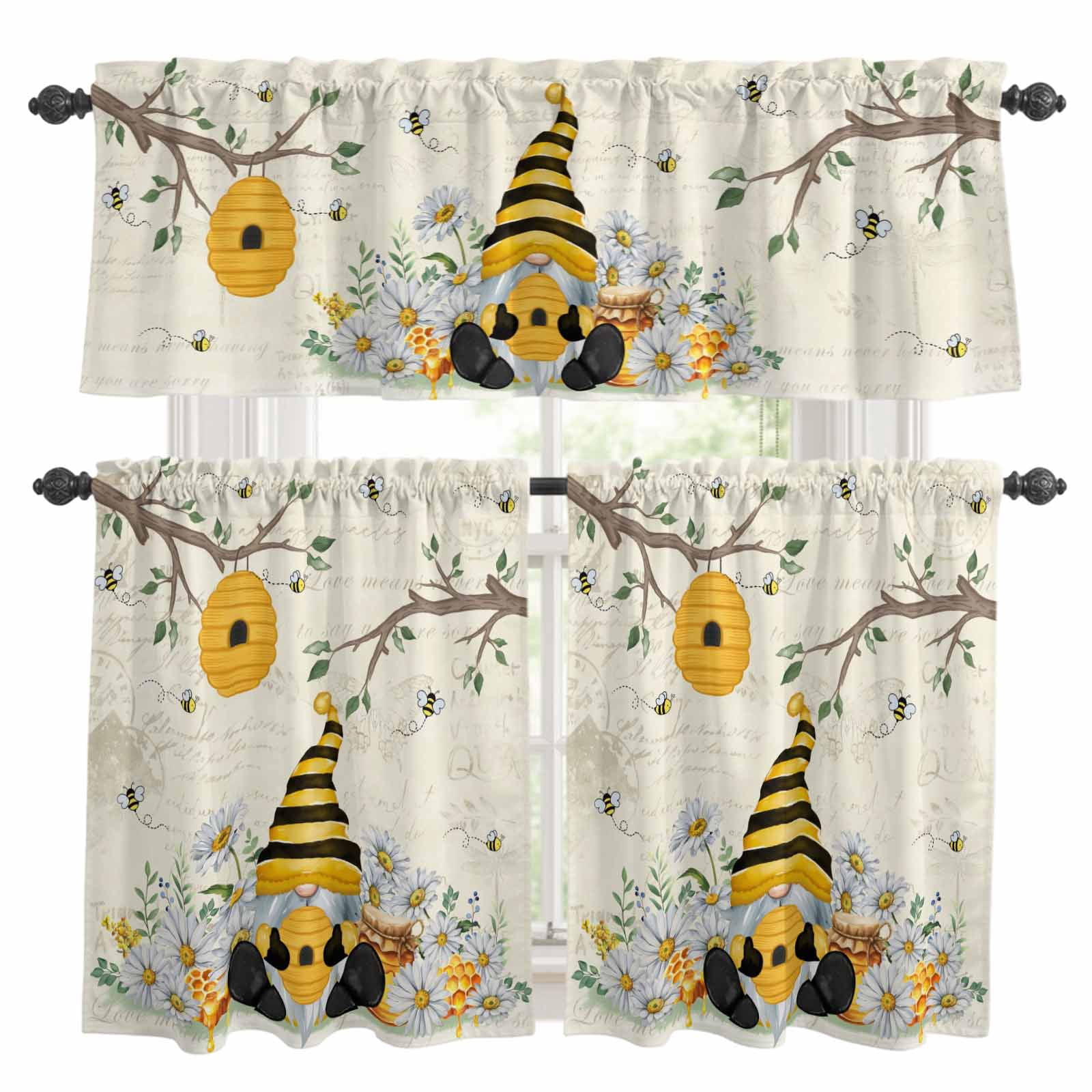 Bees Dwarfs Kitchen Curtains and Valances Set, Spring White Daisy ...