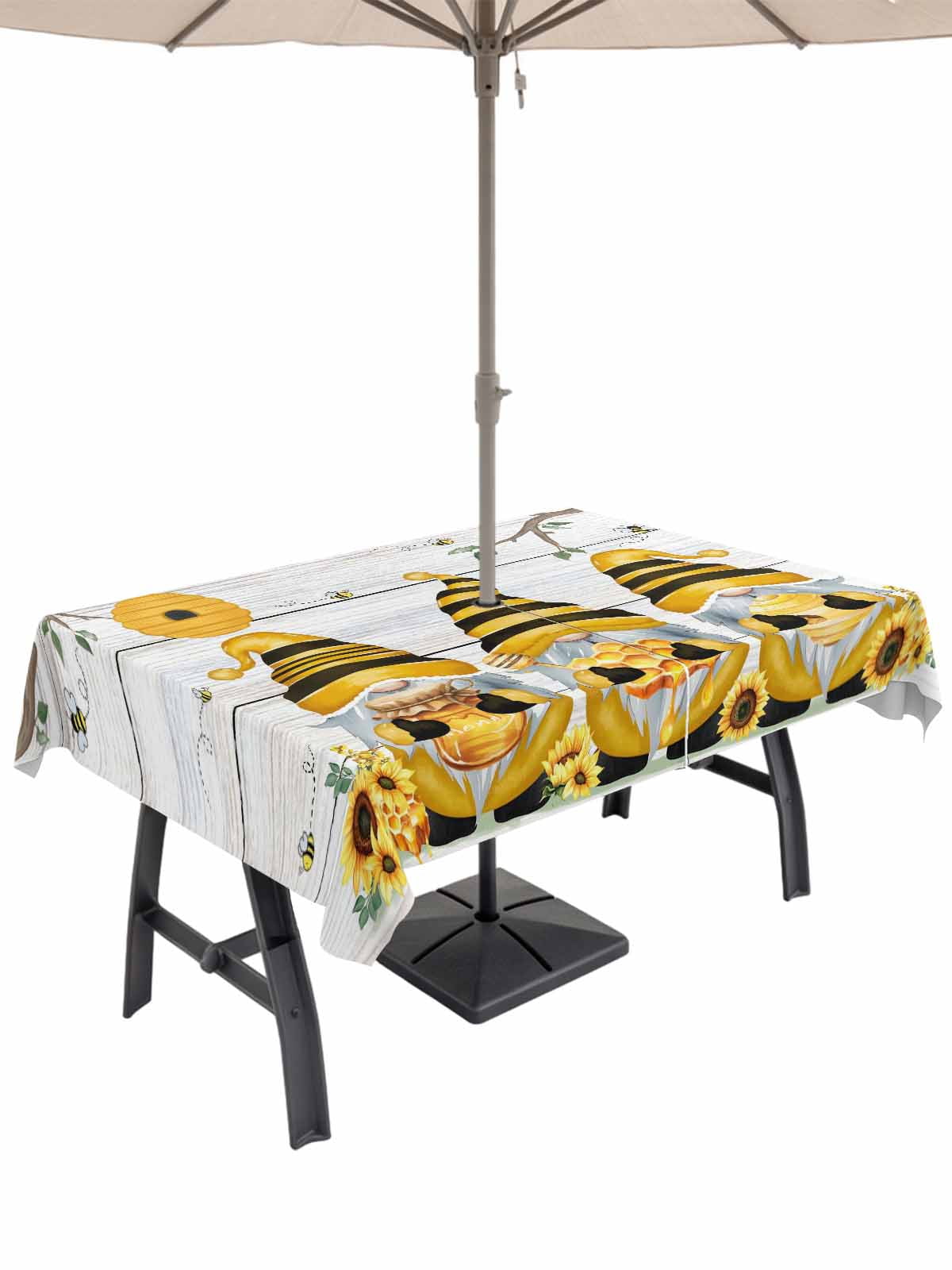 Bees Dwarfs Rectangle Outdoor Tablecloth with Umbrella Hole Yellow ...
