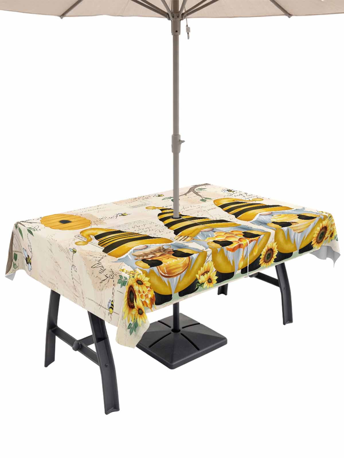 Bees Dwarfs Rectangle Outdoor Tablecloth with Umbrella Hole Yellow ...