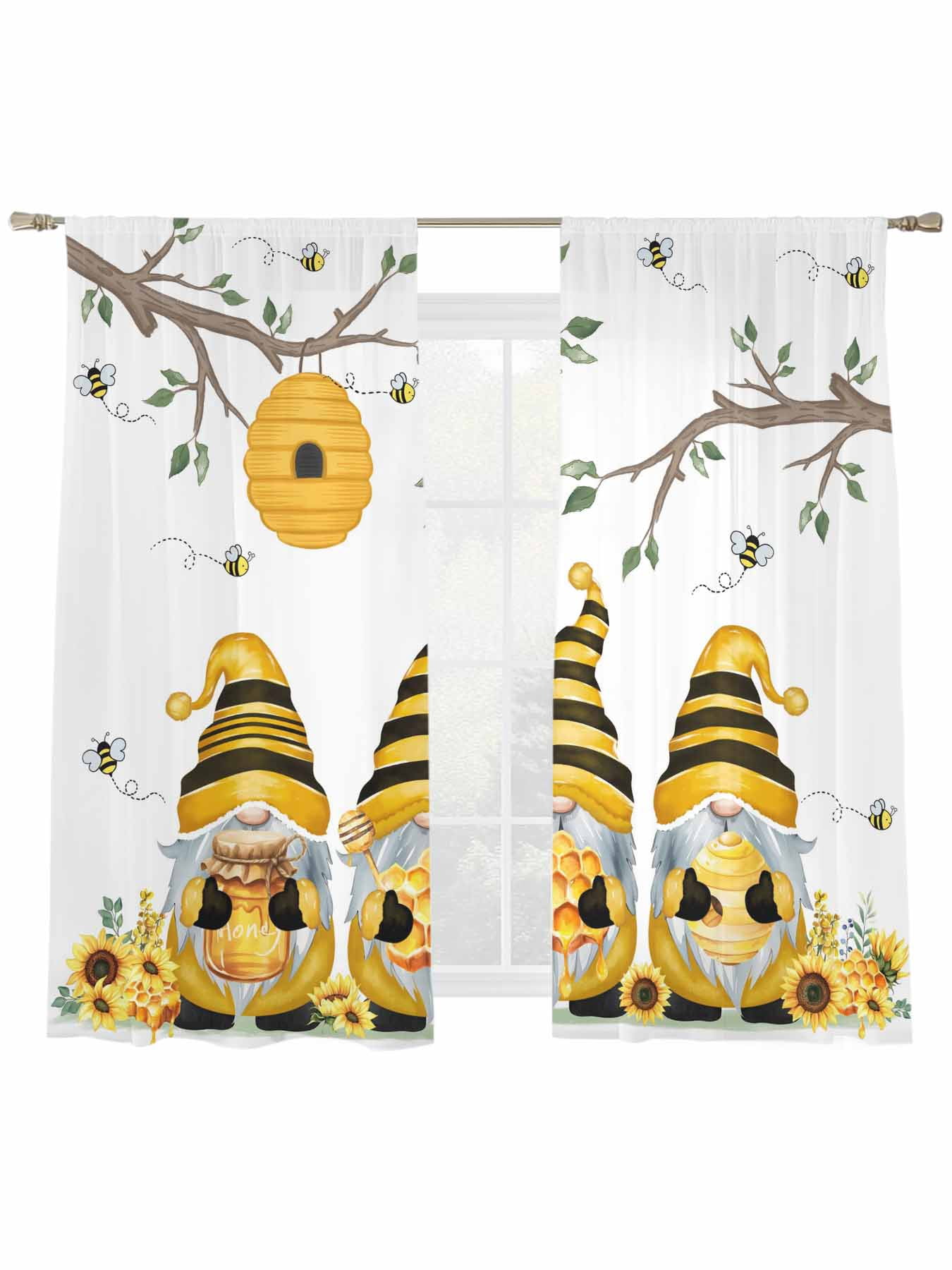 Bees Dwarfs Sheer Curtains 2 Panels Set Yellow Sunflower Branch Spring ...