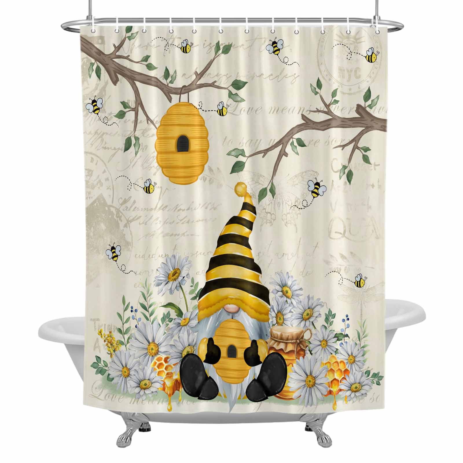 Bees Dwarfs Shower Curtain for Bathroom, Spring White Daisy Flower ...