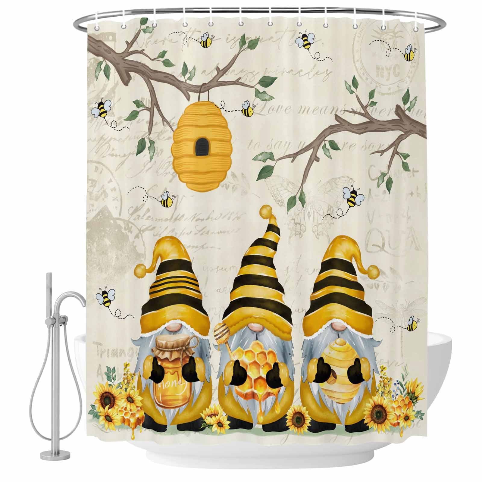 Bees Dwarfs Shower Curtain for Bathroom, Yellow Sunflower Branch Spring ...