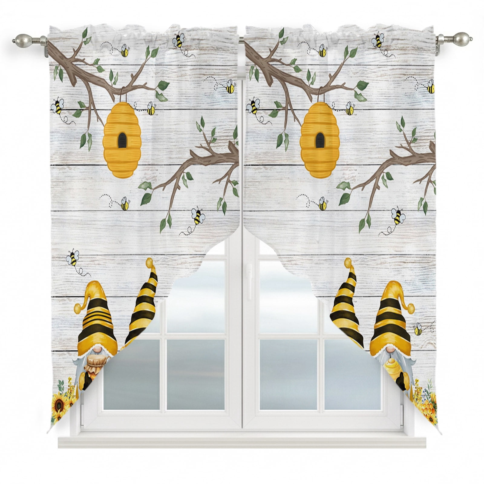 Bees Dwarfs Swag Curtain Valance for Window 2 Panels Yellow Sunflower ...