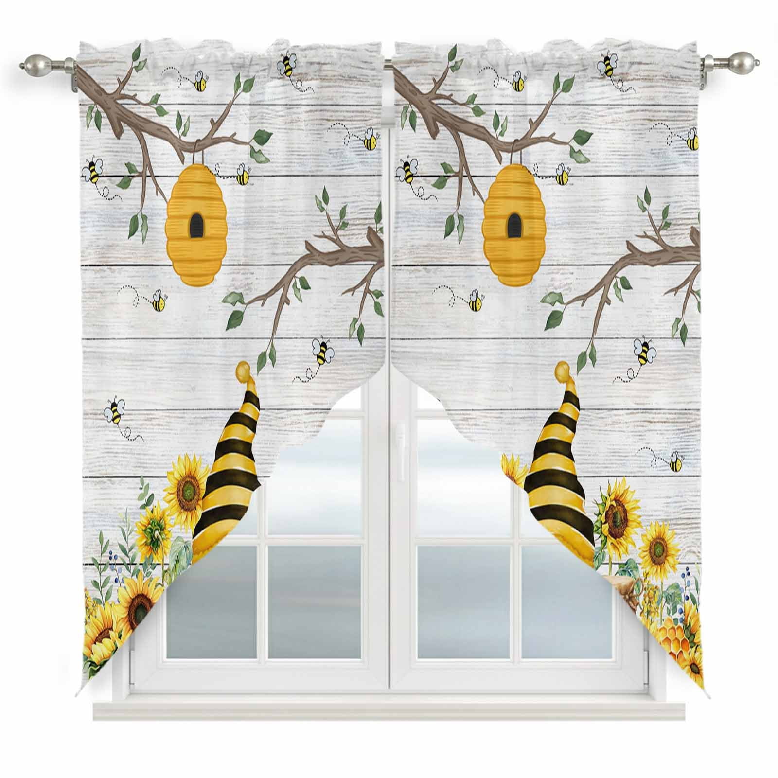 Bees Dwarfs Swag Curtain Valance for Window 2 Panels Yellow Sunflowers ...