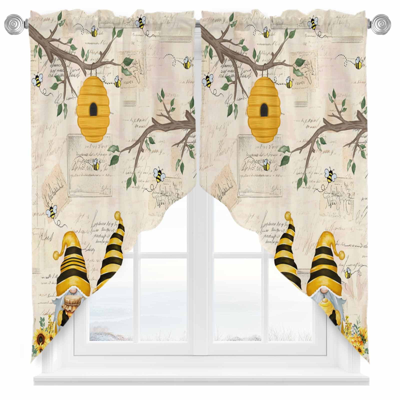 Bees Dwarfs Swag Kitchen Curtain Valances, Yellow Sunflower Branch ...