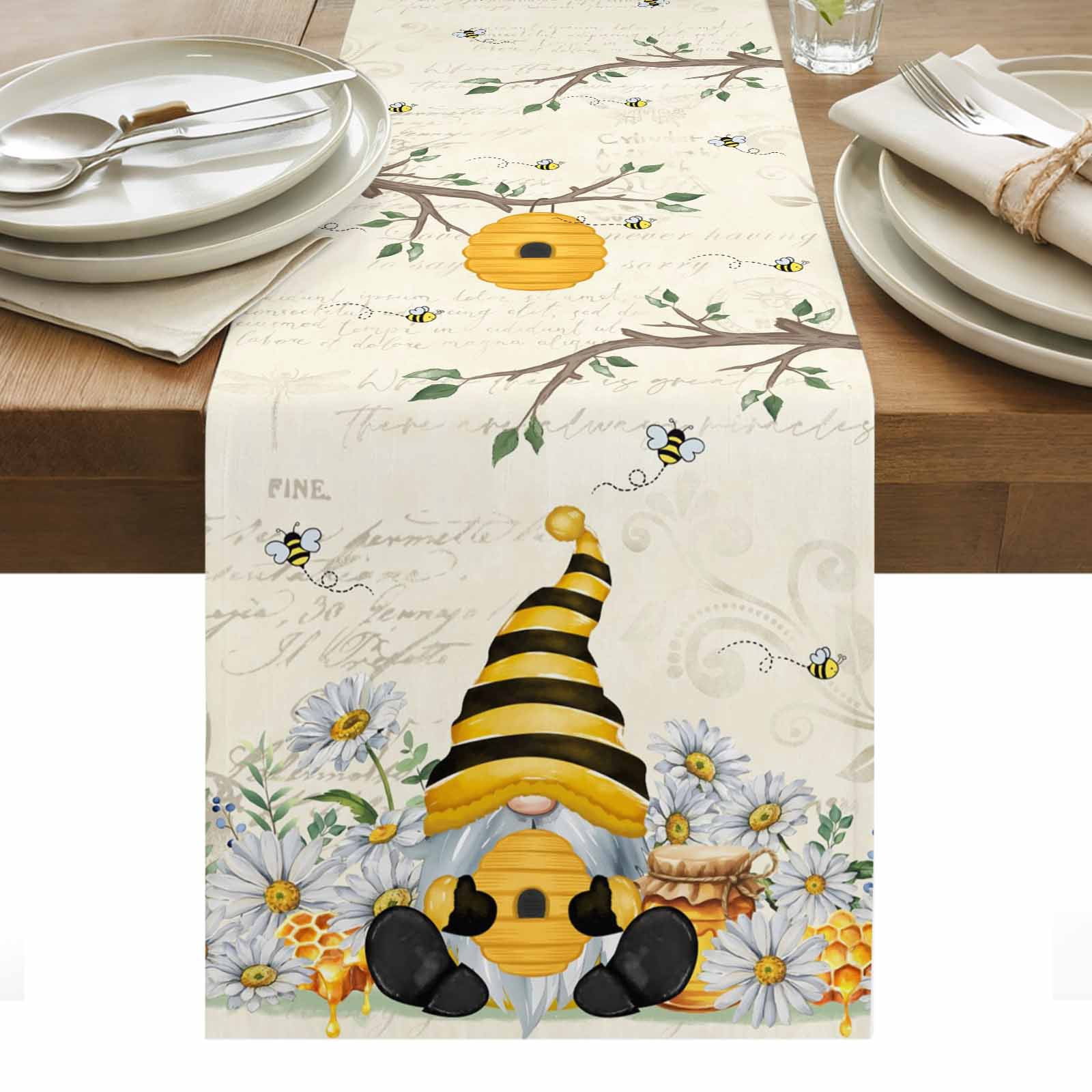 Bees Dwarfs Table Runner Spring White Daisy Flower Branch Vintage ...