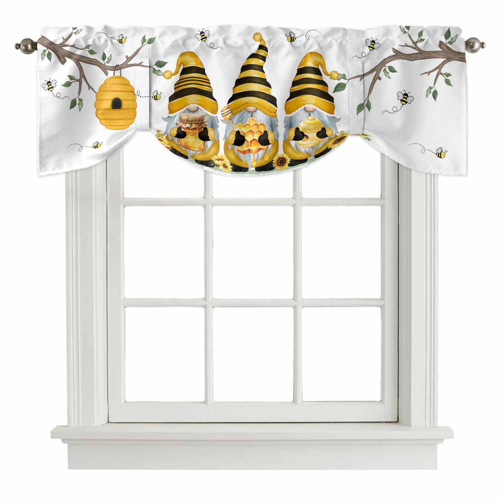 Bees Dwarfs Tie Up Valance for Windows, Yellow Sunflower Branch Spring ...