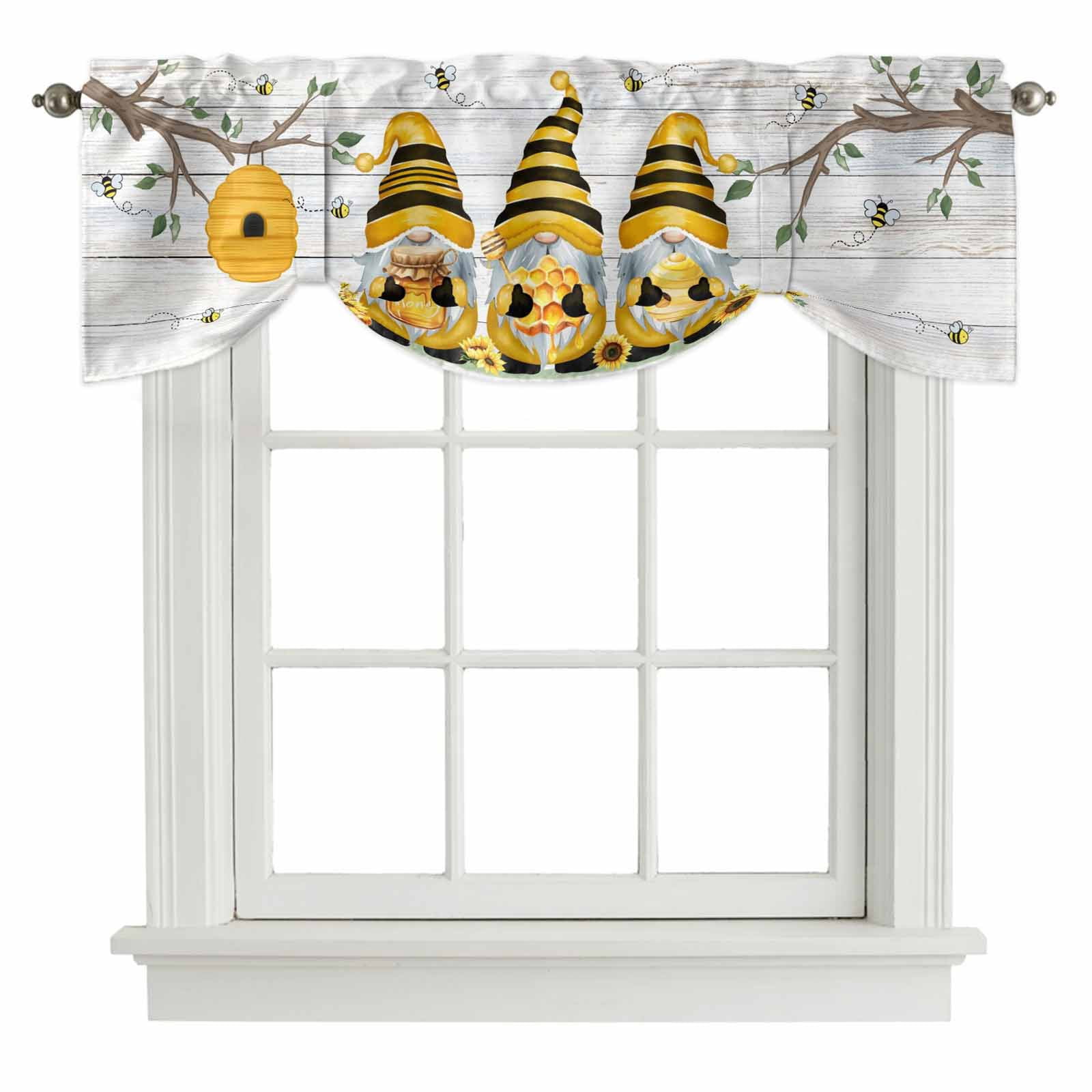 Bees Dwarfs Tie Up Valance for Windows, Yellow Sunflower Branch Spring ...