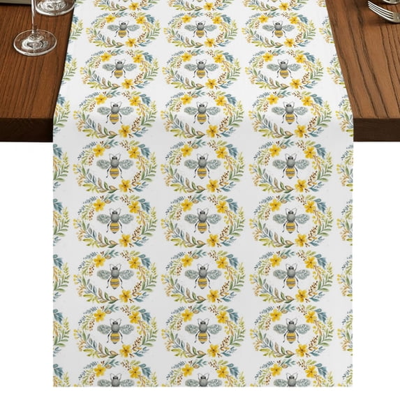 Bees Floral Wreath Burlap Cotton Table Runner 13x120 Inches Long ...