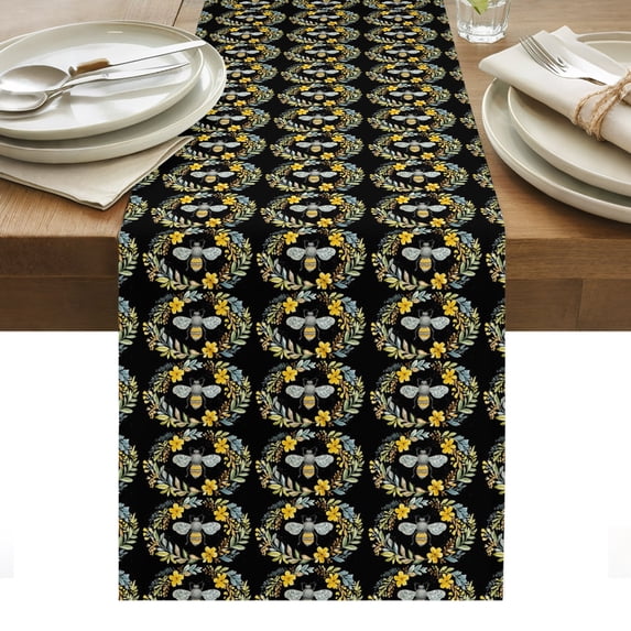 Bees Floral Wreath Table Runner Summer Farmhouse Flowers Black ...