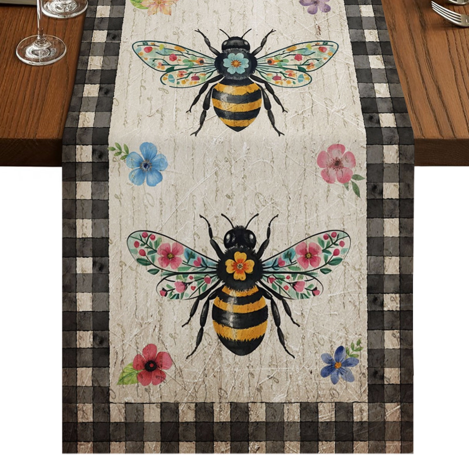 Bees Flowers Burlap Cotton Table Runner 13x108 Inches Long, Country ...