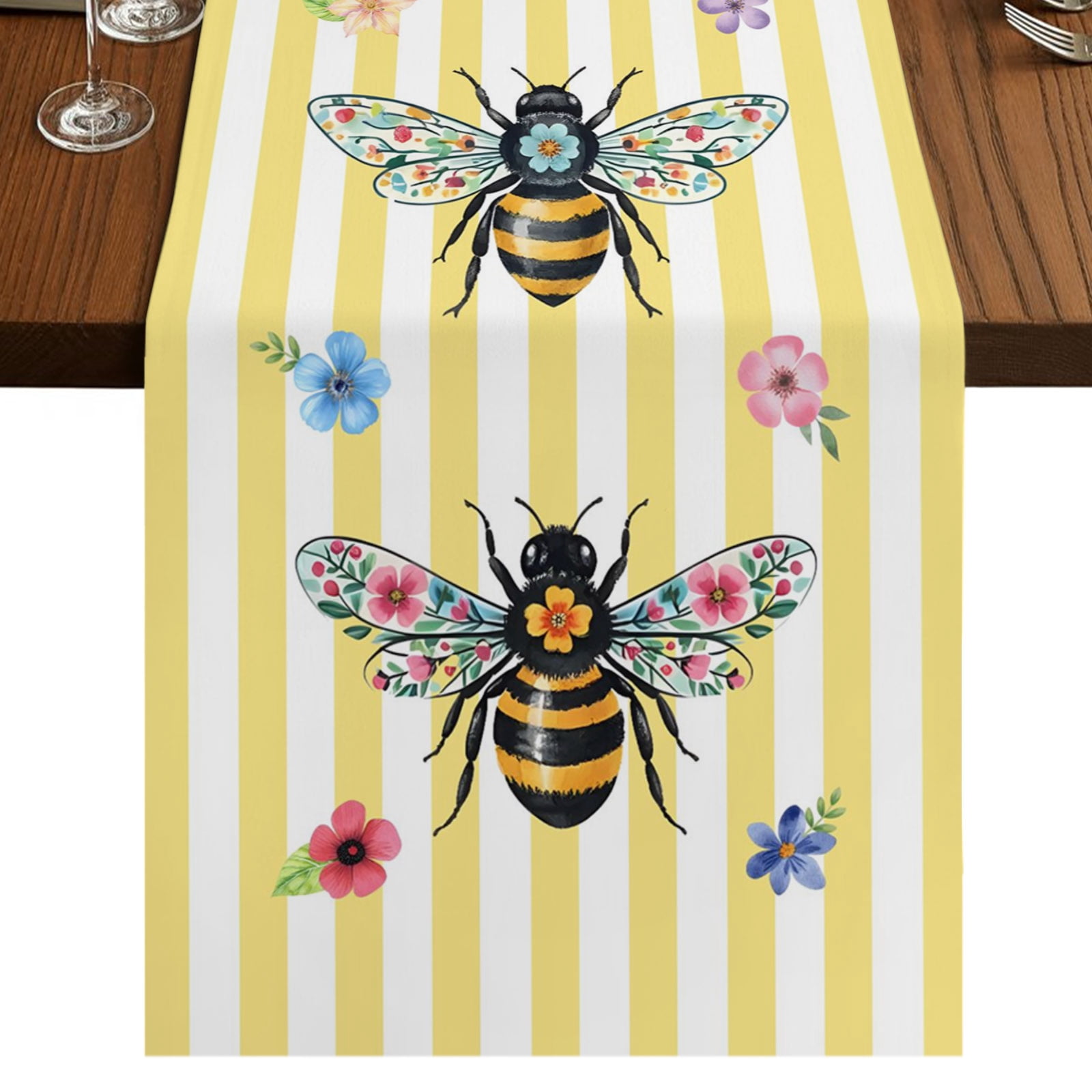 Bees Flowers Burlap Cotton Table Runner 13x108 Inches Long, Spring ...