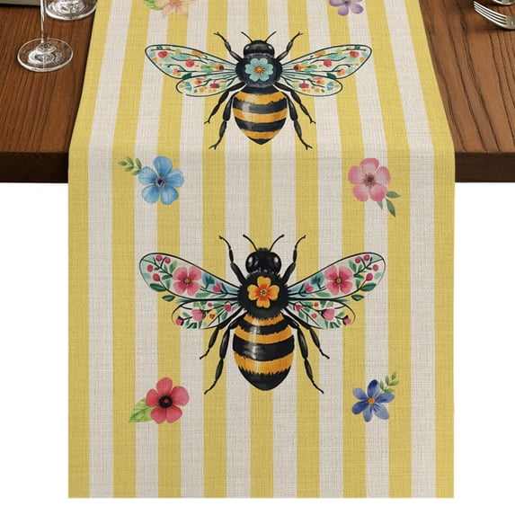 Bees Flowers Burlap Cotton Table Runner 13x120 Inches Long, Retro ...