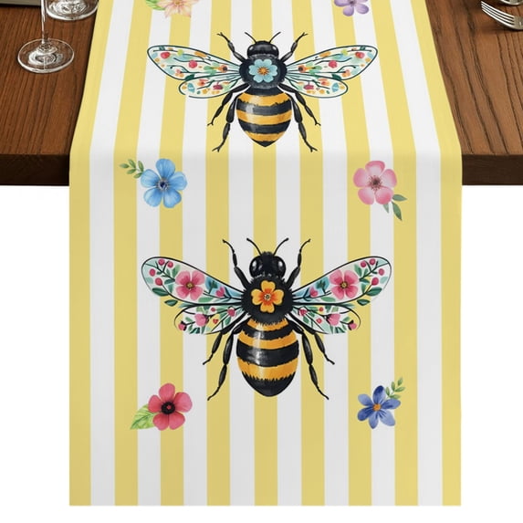 Bees Flowers Burlap Cotton Table Runner 16x72 Inches Long, Spring ...