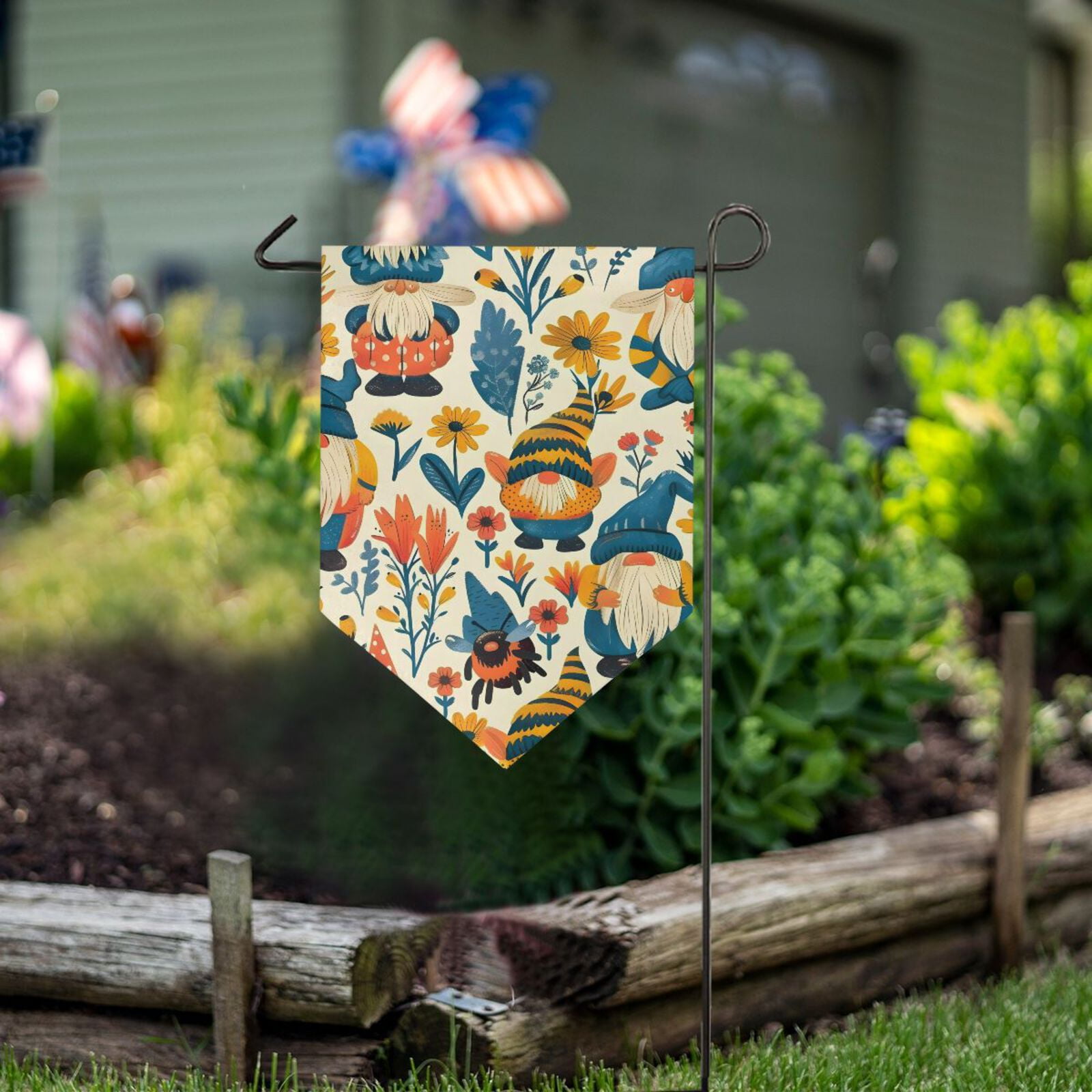 Bees Flowers Gnome Garden Flag 18" x 12.5" Double Sided Yard Lawn ...