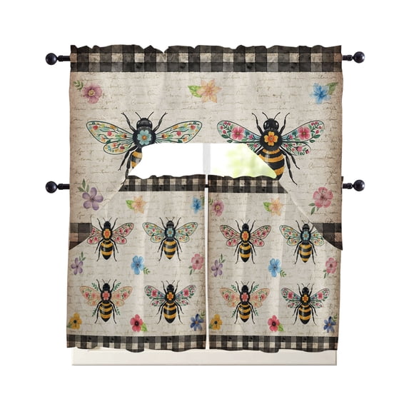 Bees Flowers Kitchen Curtains Sets for Windows 3 Piece, Country Spring ...
