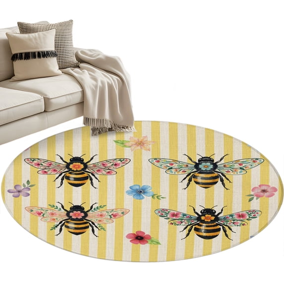 Bees Flowers Round Rug 4ft Washable Circle Entryway Rugs Non Slip Retro ...
