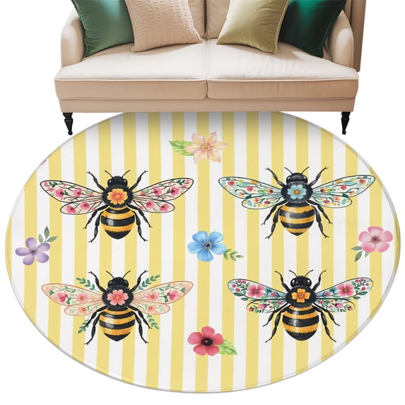 Bees Flowers Round Rug 6ft Washable Circle Kitchen Rugs Non Slip Spring ...