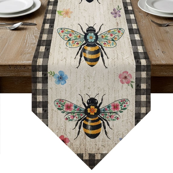 Bees Flowers Table Runner Linen Burlap Table Runner 48 Inches Long ...