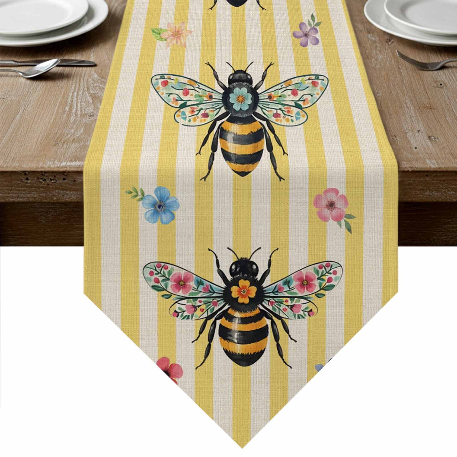 Bees Flowers Table Runner Linen Burlap Table Runner 90 Inches Long ...