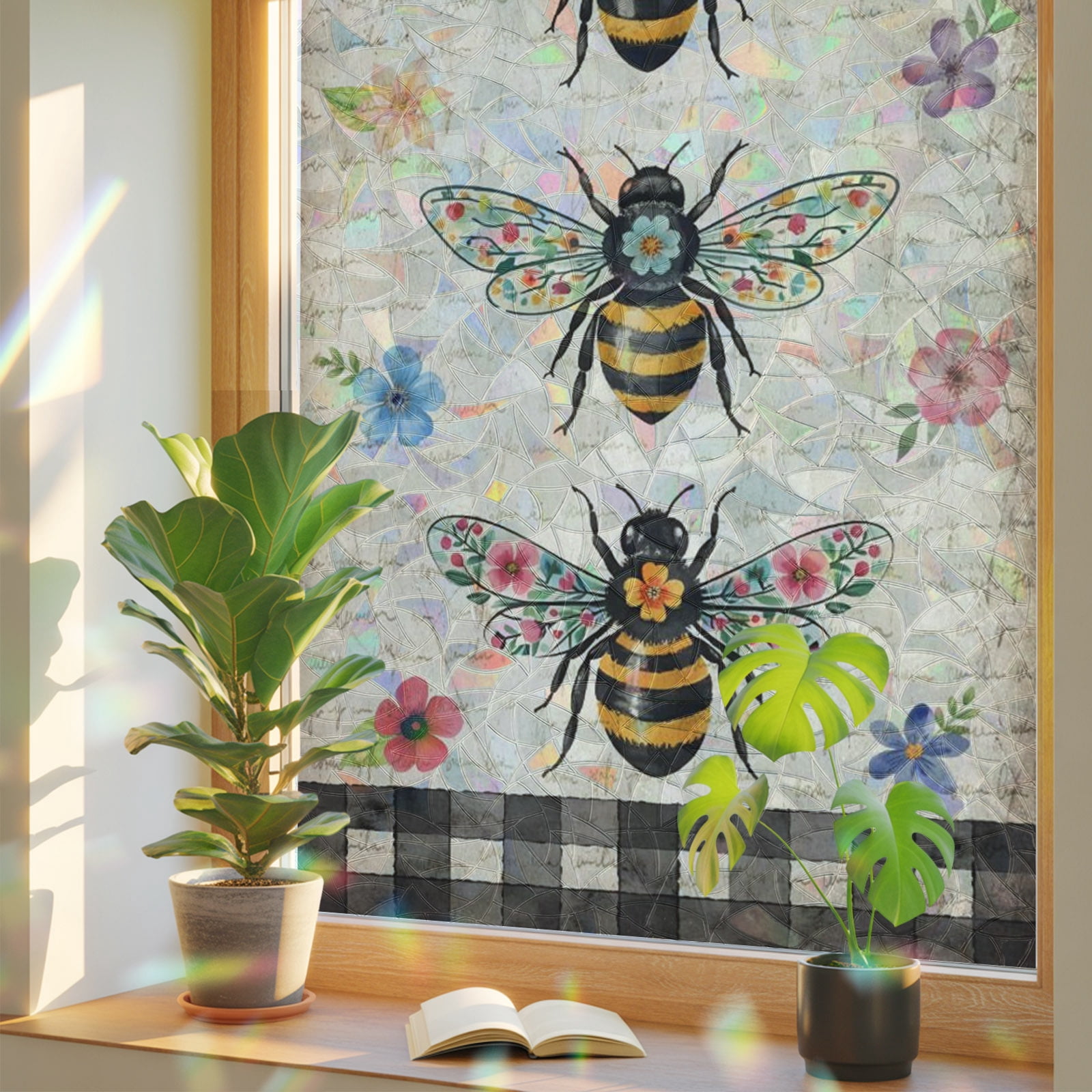 Bees Flowers Window Privacy Film Rainbow Static Cling Stain Glass ...