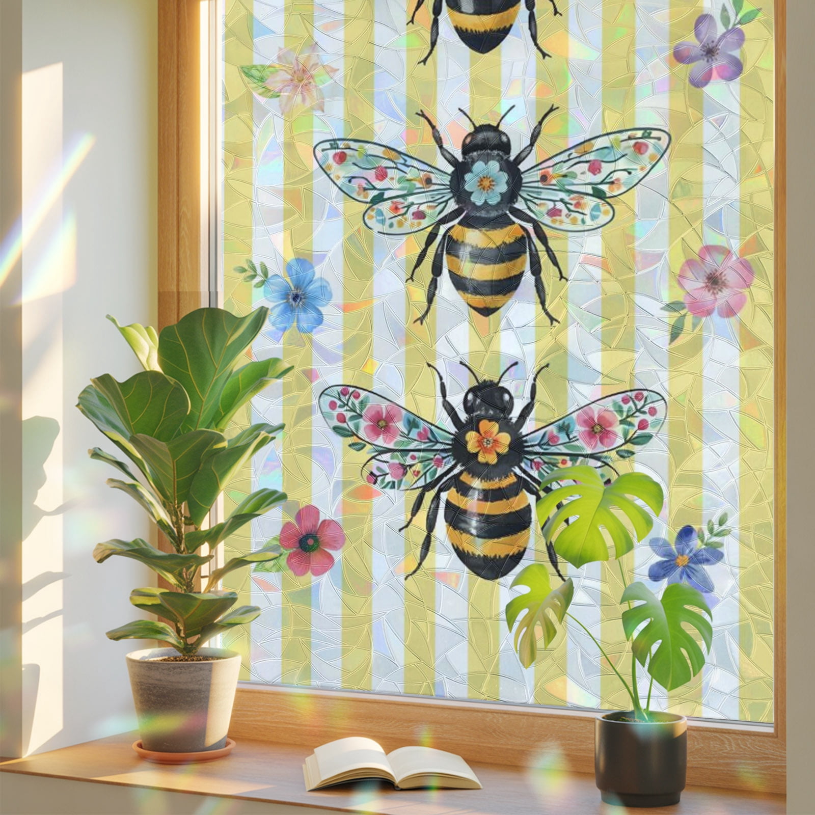 Bees Flowers Window Privacy Film Rainbow Static Cling Stain Glass ...
