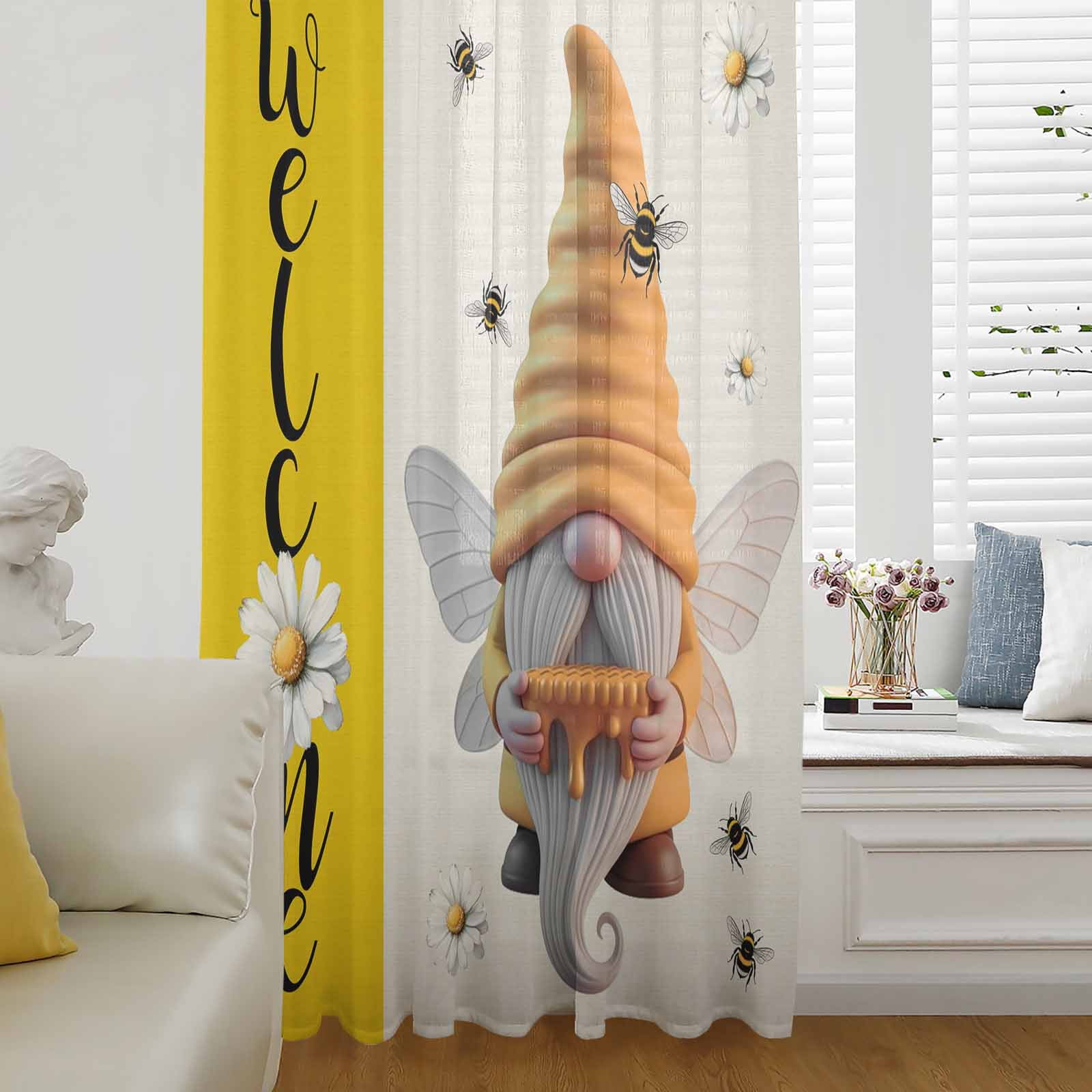 Bees Gnomes Semi Sheer Curtains Drapes for Living Room,Bedroom,French ...