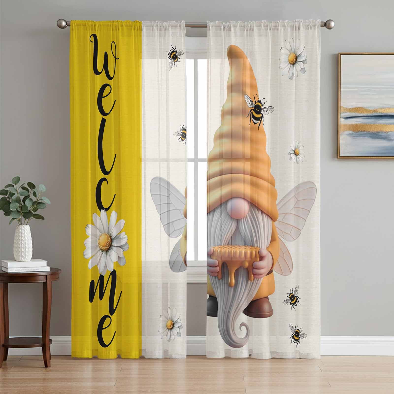 Bees Gnomes Sheer Curtains 84 Inch Length 2 Panels Set, Summer ...