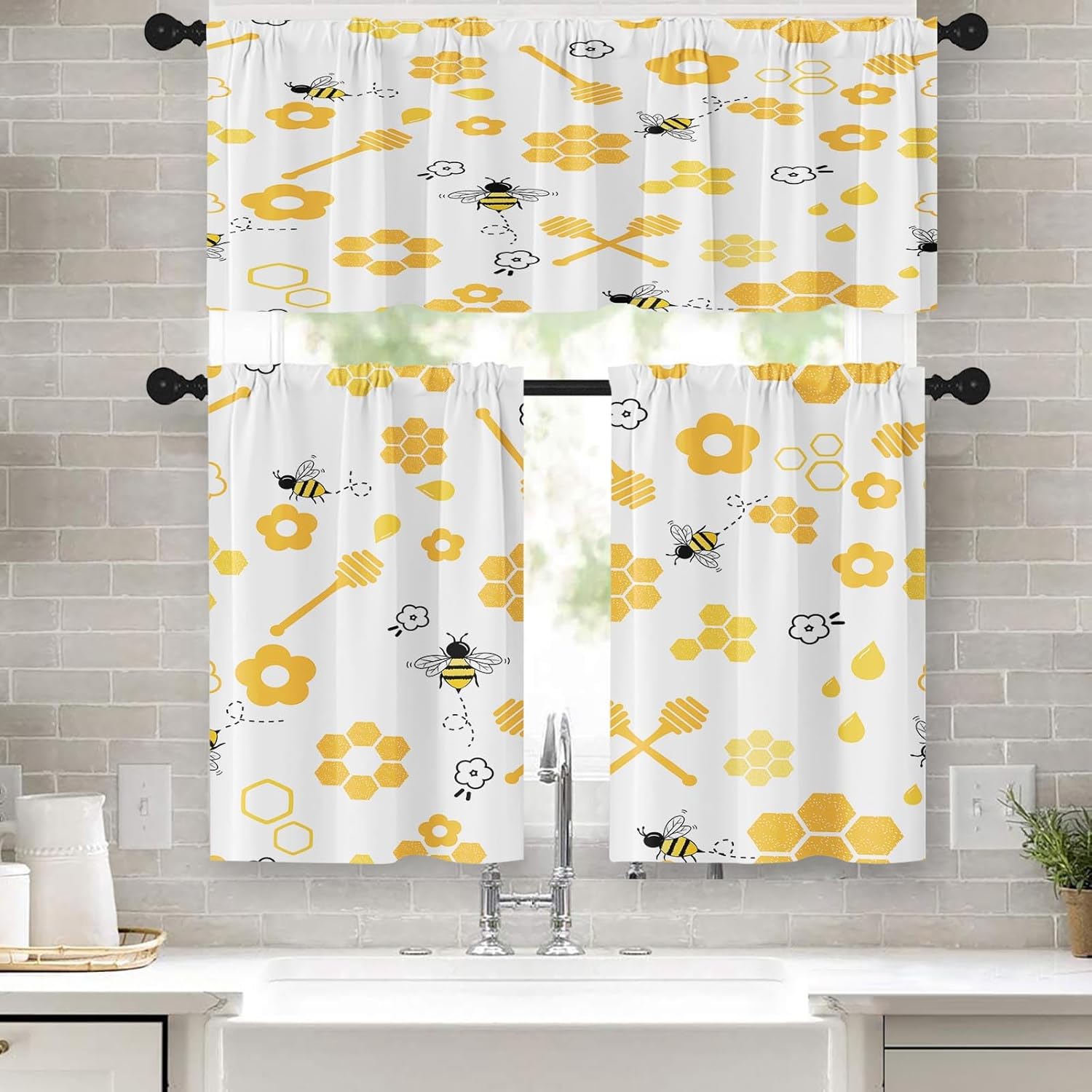 Bees Honey Flower Kitchen Window Curtains Valance and Tier Set 36 Inch ...