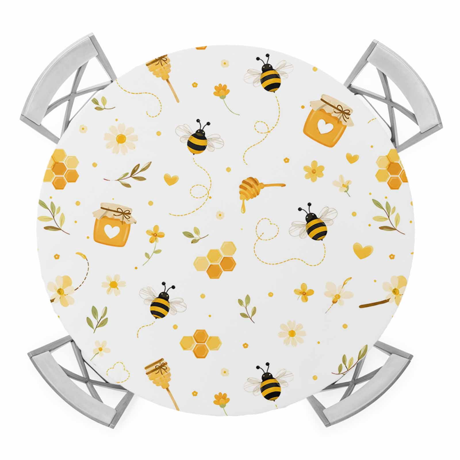 Bees Honey Jars Round Table Cover, Minimalist Rustic Yellow Flowers ...