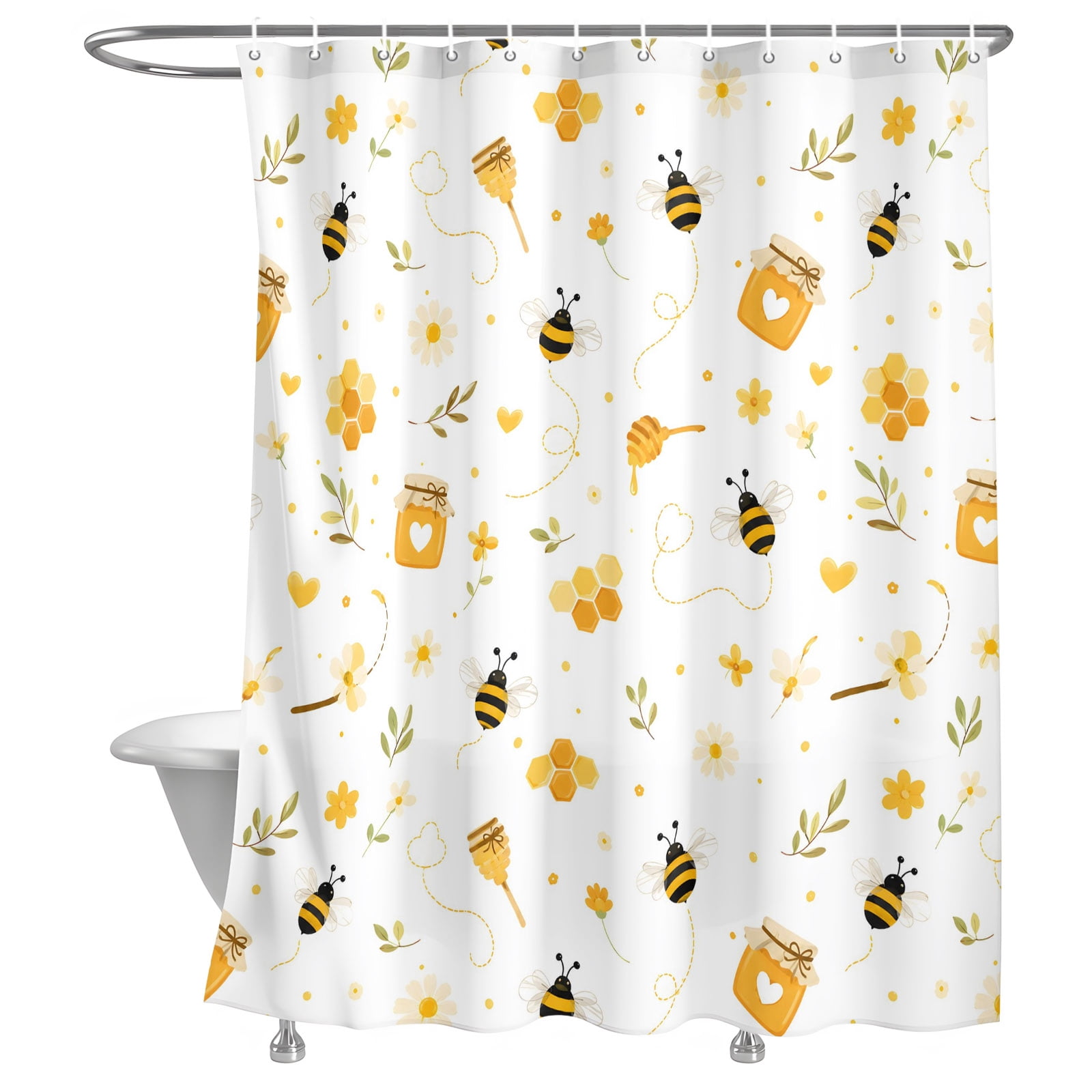 Bees Honey Jars Shower Curtain, Minimalist Rustic Yellow Flowers Leaves ...