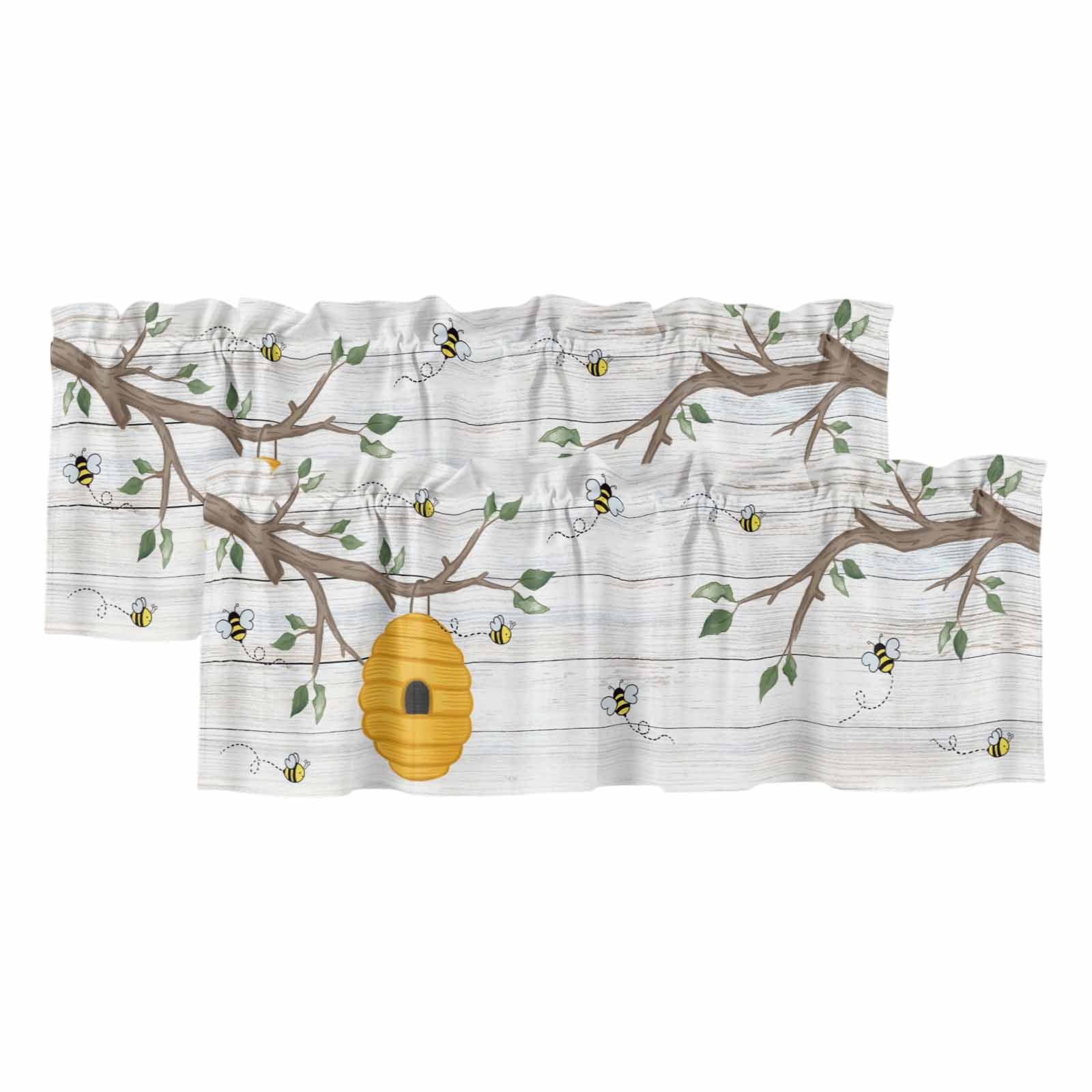 Bees Honeycomb 2 Panels Kitchen Valance, Branch Spring Floral Plant ...