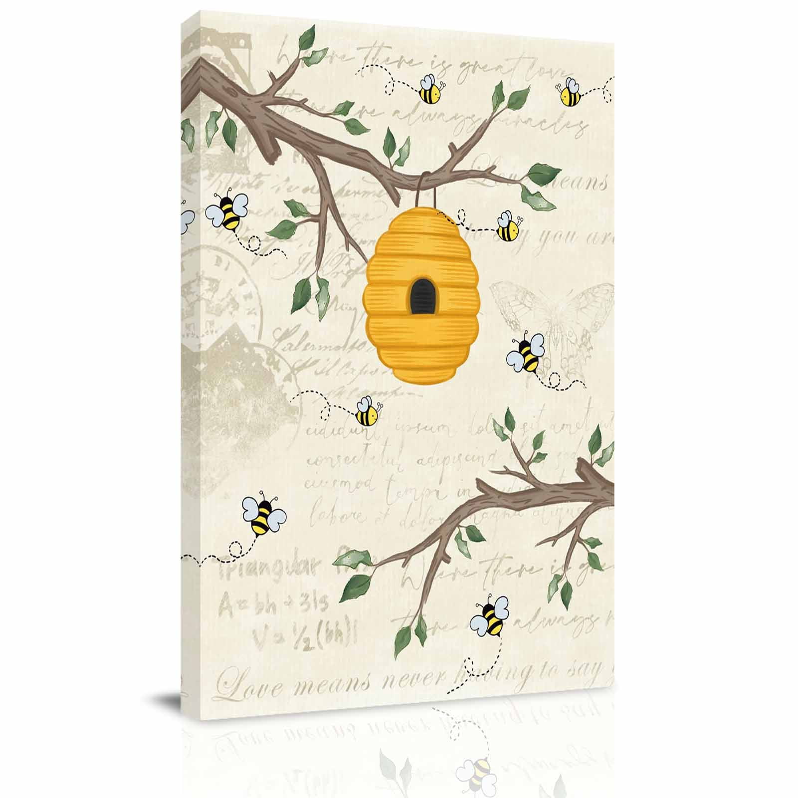 Bees Honeycomb Canvas Wall Art for Living Room, Branch Spring Floral ...