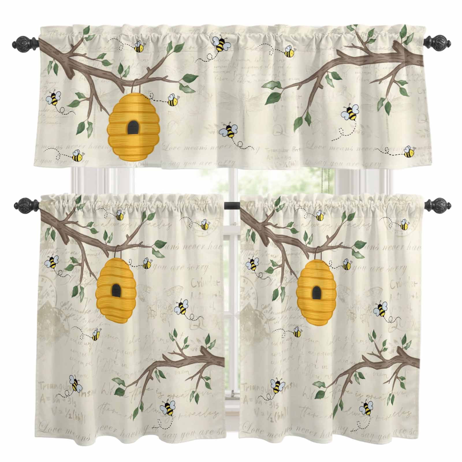 Bees Honeycomb Kitchen Curtains and Valances Set, Branch Spring Floral ...