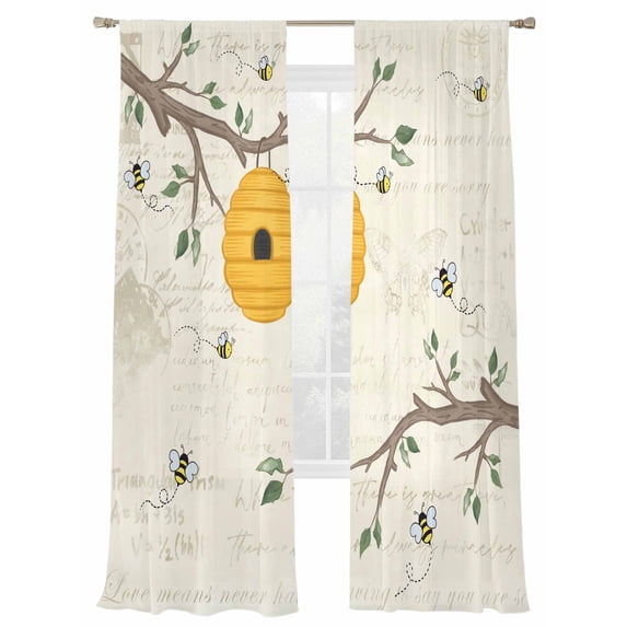 Bees Honeycomb Sheer Curtains 2 Panels Set Branch Spring Flower Plant ...