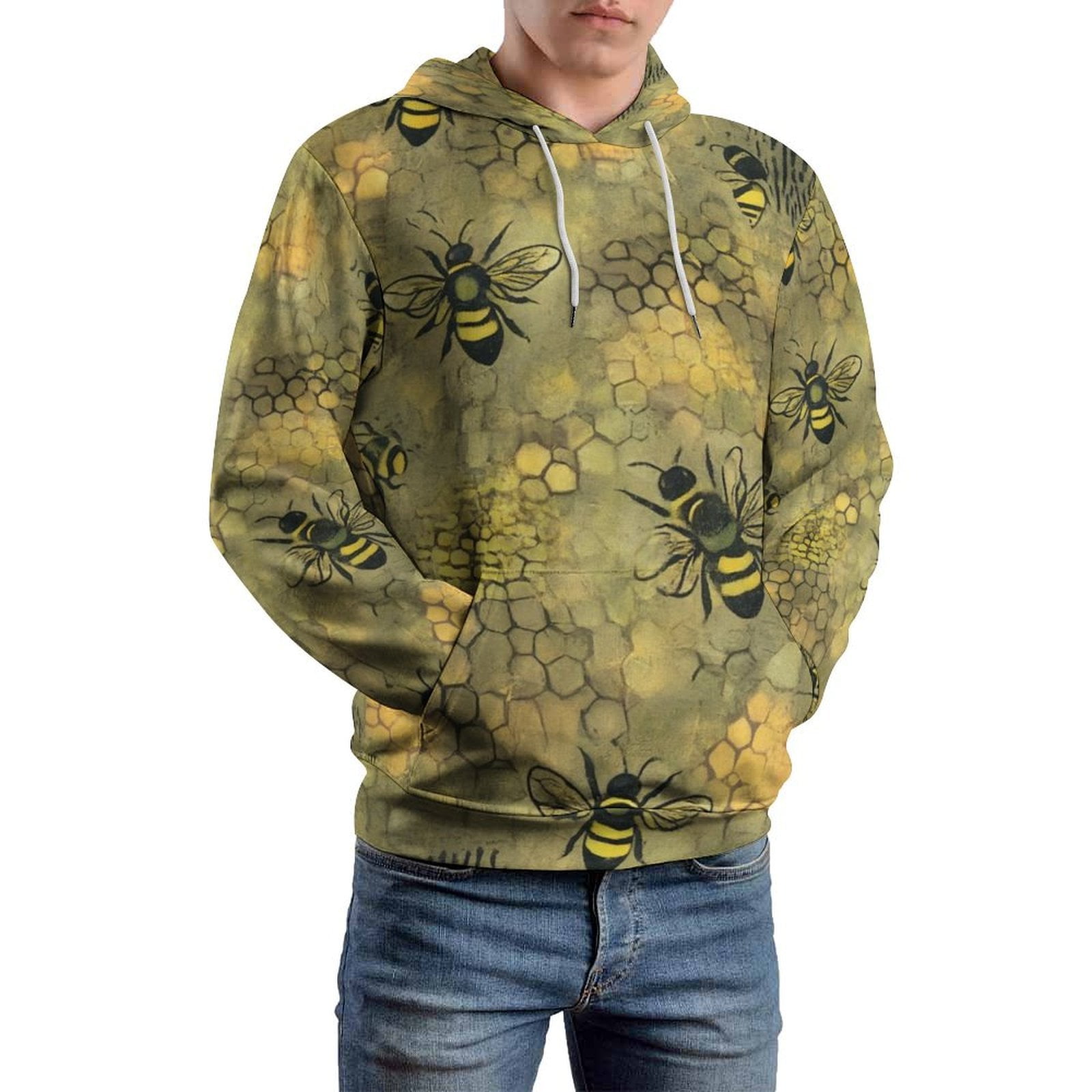 Bees Honeycomb Yellow Green Fabric Oversized Hoodies For Men Teen Pullover With Pocket Mens ...