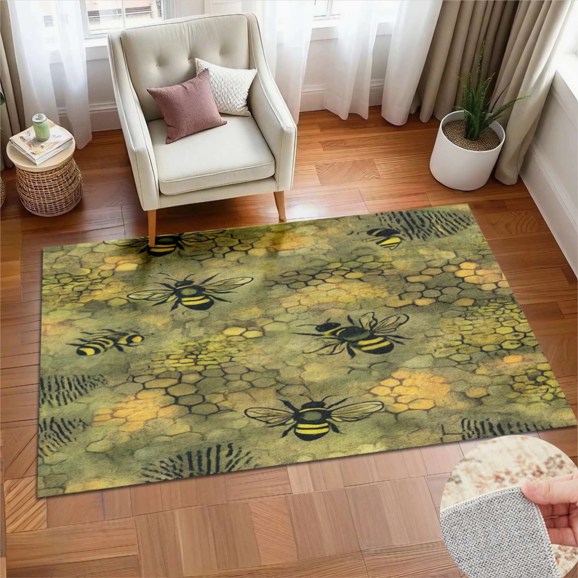 Bees Honeycomb Yellow Green Fabric Soft Large Area Rugs Washable Rug ...