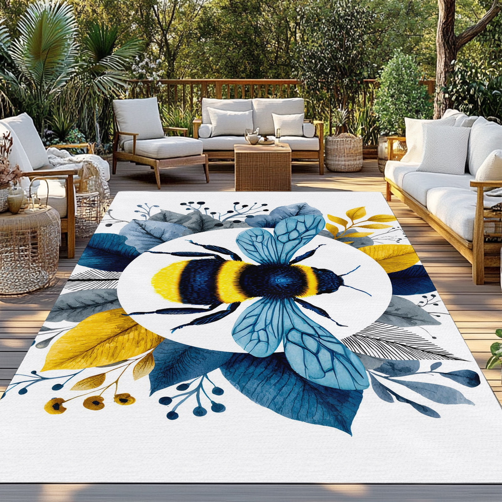Bees Indoor Outdoor Rugs 4x6 Ft, Gold Blue Leaves Plant Bee Outdoor ...
