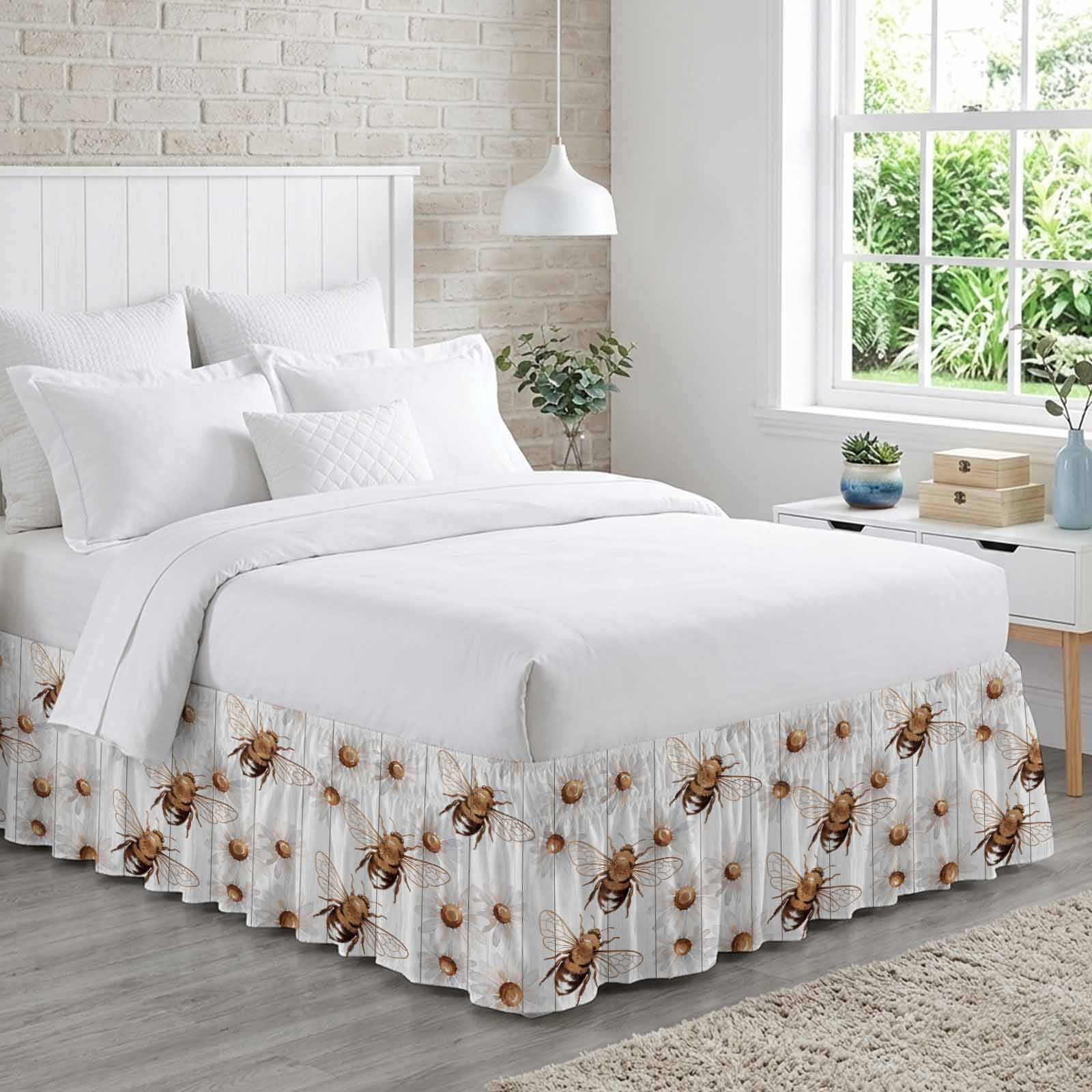 Bees Inset Bed Skirt King Size 16 Inch Drop, Daisy White Wood Grain ...