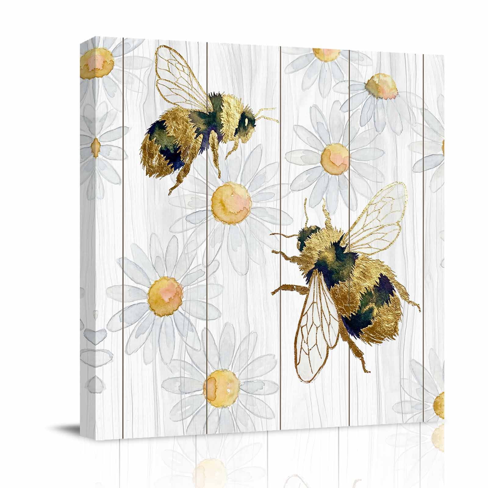 Bees Inset Canvas Wall Art for Living Room, Daisy Watercolor Floral ...