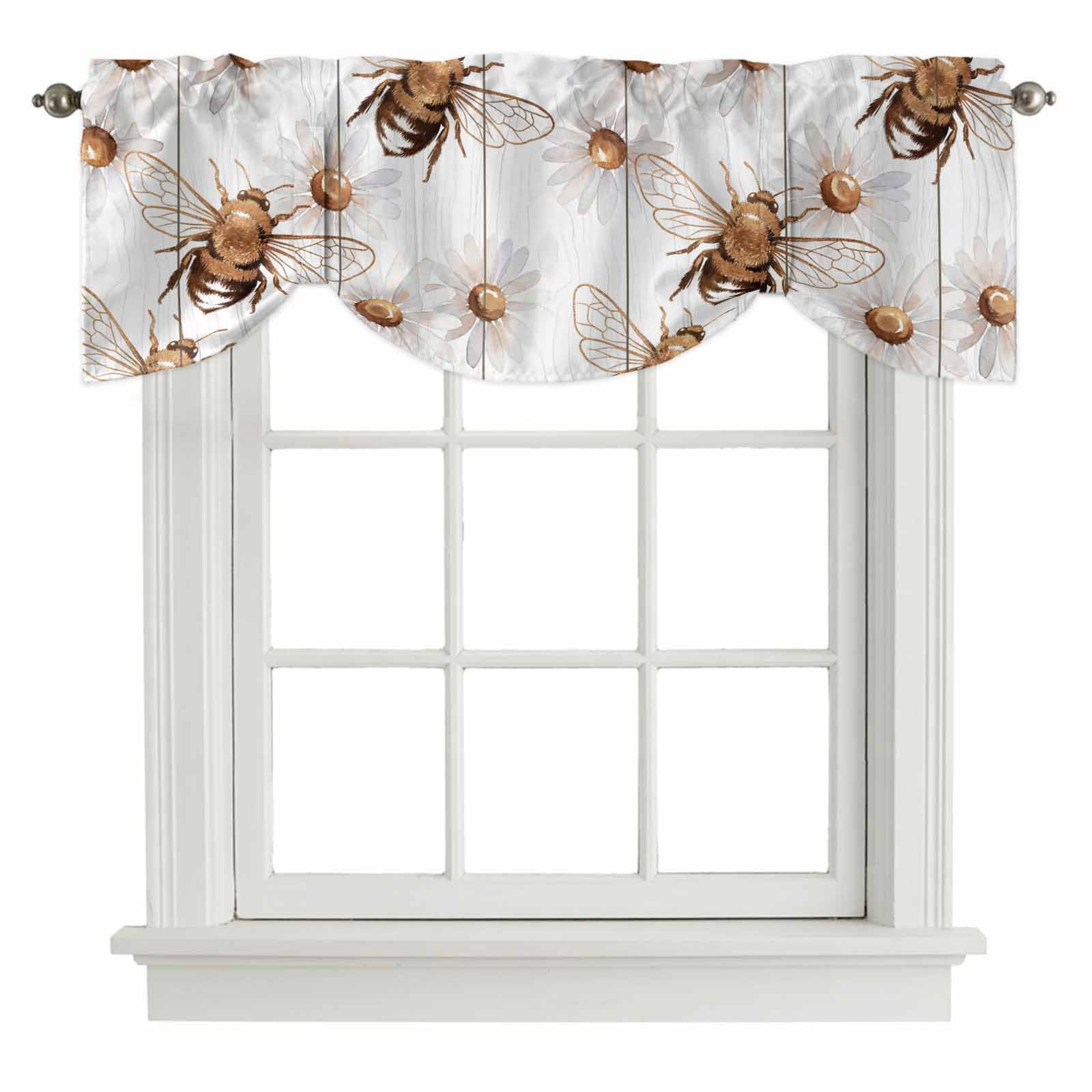 Bees Inset Tie Up Valance Curtains Daisy White Wood Grain Striped ...