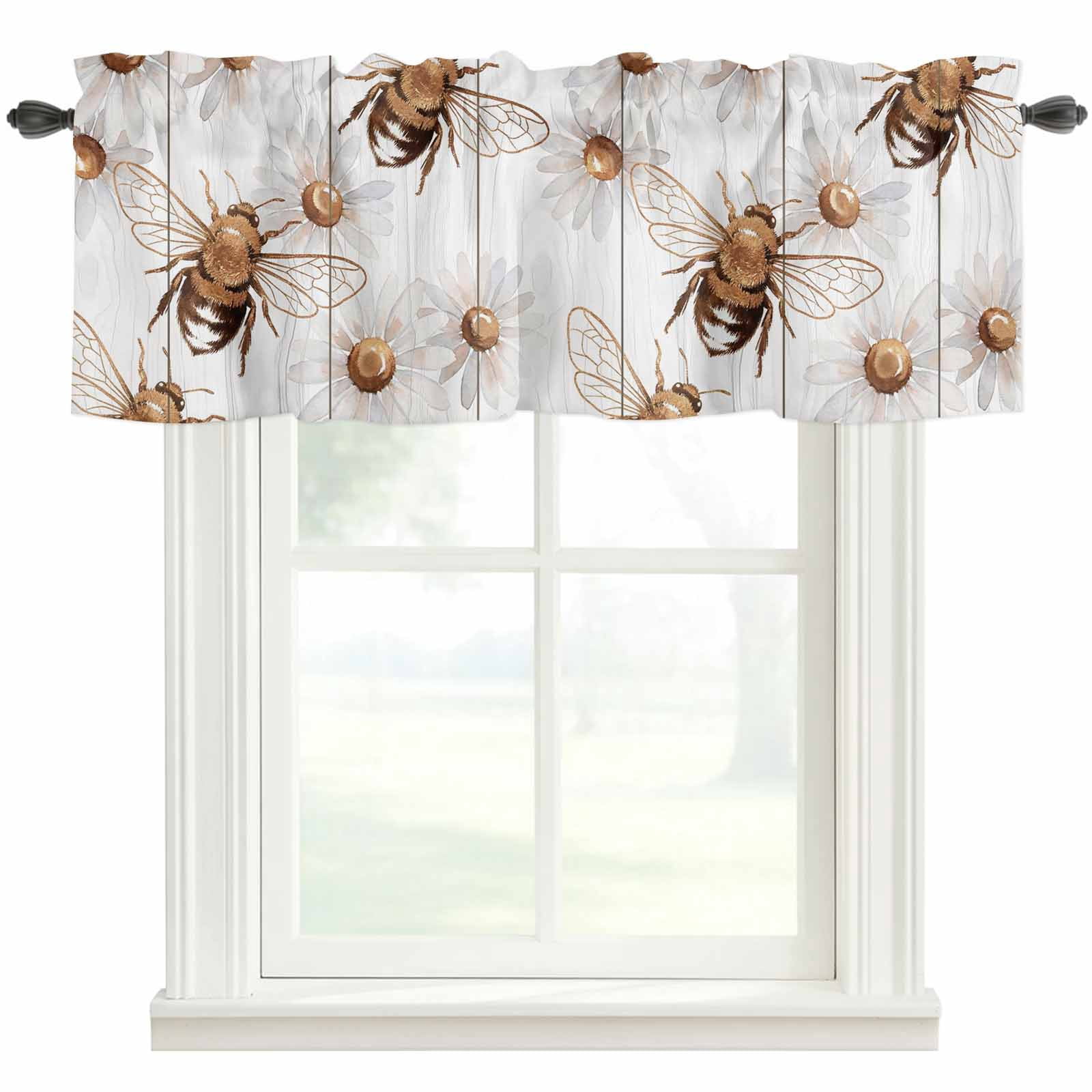 Bees Inset Valances for Windows Daisy White Wood Grain Striped Vintage ...